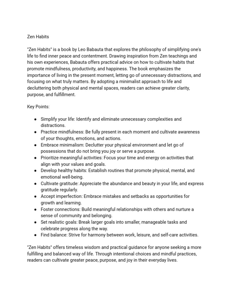 Zen Habits Book Summary | PDF | Career & Growth | Self-Improvement