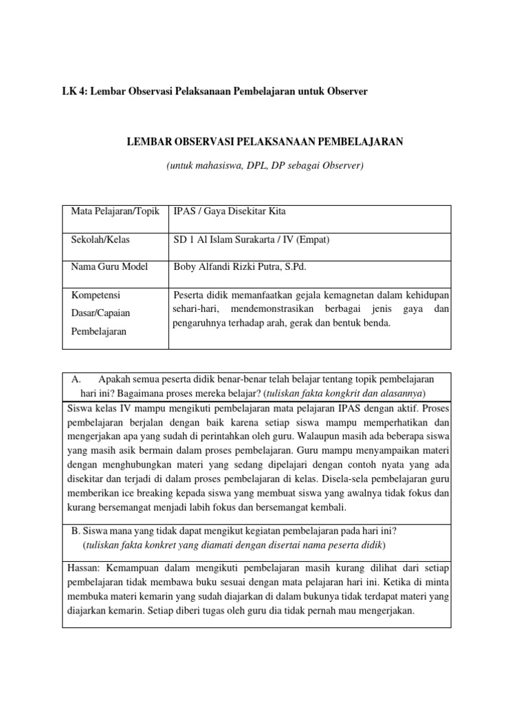 LK 4 Format Lembar Observasi Pelaksanaan Pembelajaran 1 Untuk Observer Boby Alfandi Rizky Putra ...