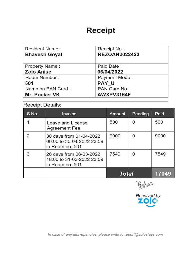 Zolo Receipt 2 | PDF