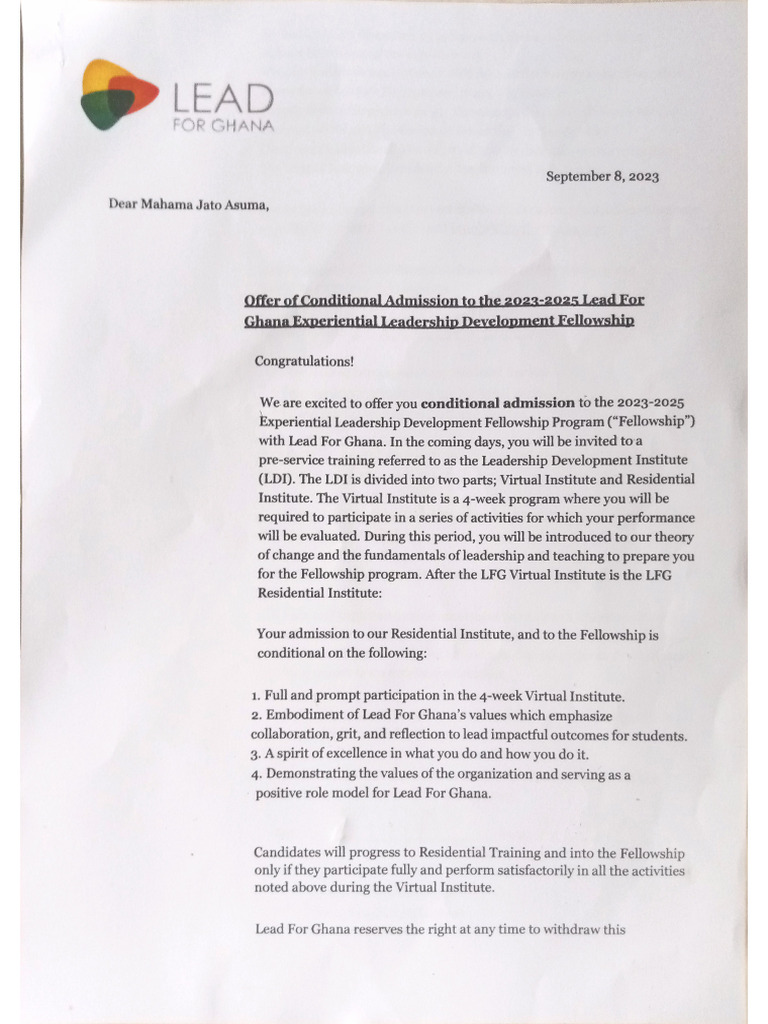 Conditional Offer Letter - Mahama Jato Asuma | PDF