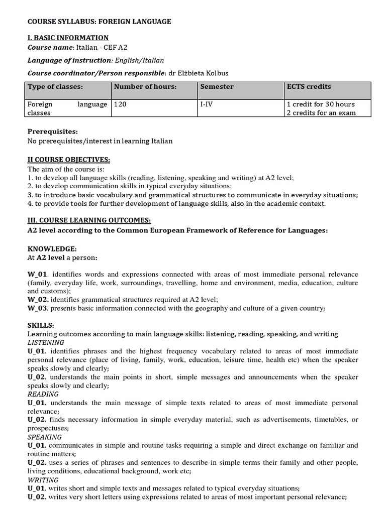 Italian A2 Course Syllabus Overview | PDF | Vocabulary | Information