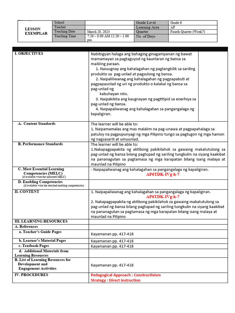 AP - Grade 6 - Q4 - Week 7 COT.1 | PDF