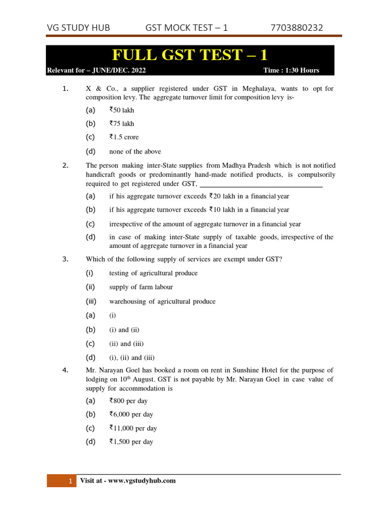 Full Syllabus GST Test - 1 Without Answers | PDF | Taxes | Value Added Tax