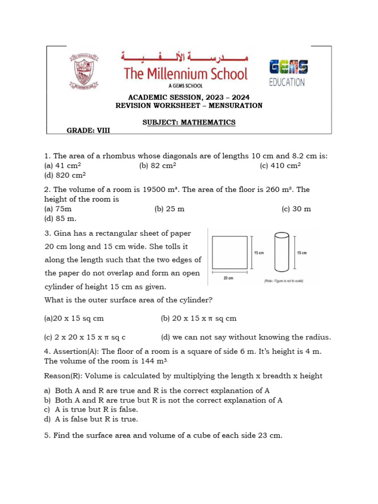 SA2-Revision Worksheet - Mensuration | PDF | Area | Euclid