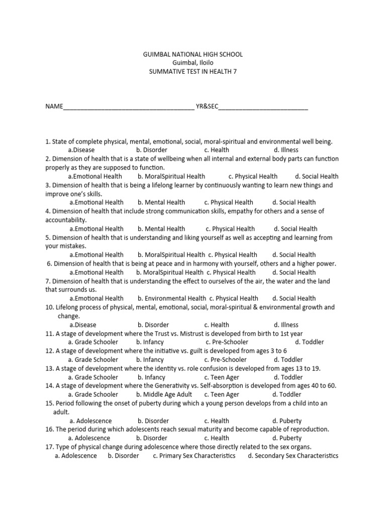 Summative Test in Health 7 | PDF