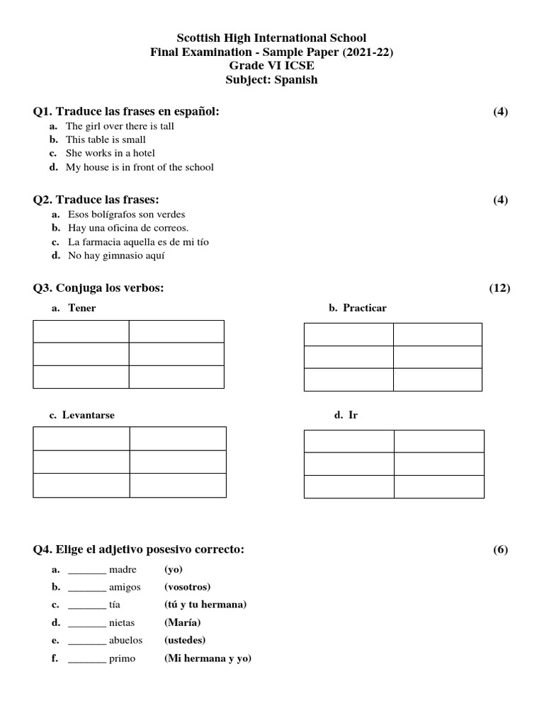 SPANISH Grade 6 - Final Sample Paper | PDF