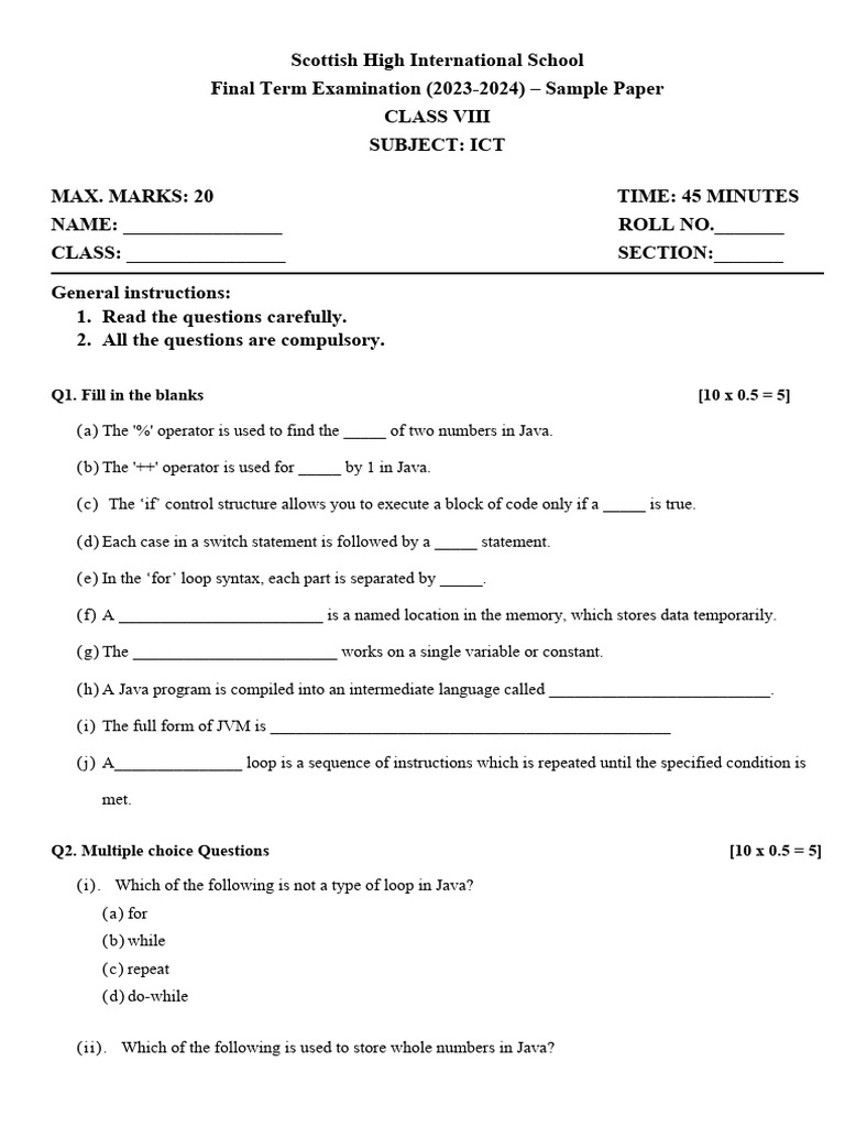 Grade VIII ICT Final Java Sample Paper | PDF | Object Oriented ...