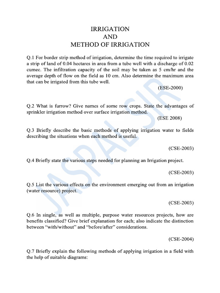 Irrigation Methods and Techniques Quiz | PDF | Irrigation | Natural ...