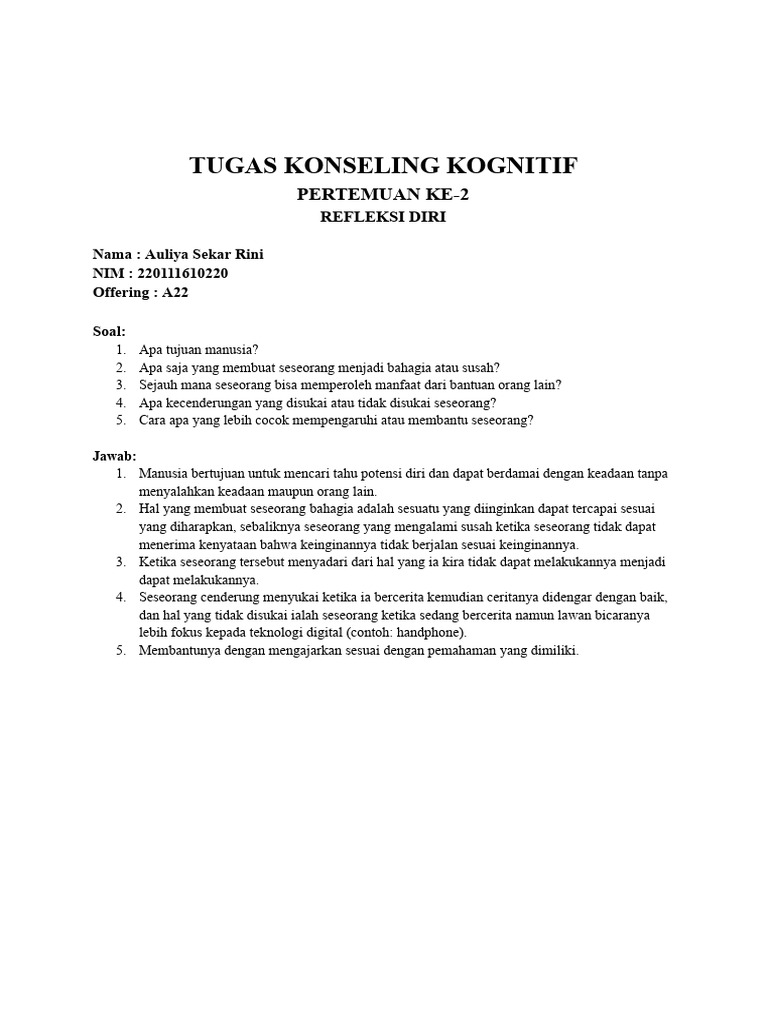 Kogni Pertemuan 2 - A22 - Auliya Sekar Rini - Refleksi Diri - TUGAS KONSELING KOGNITIF | PDF