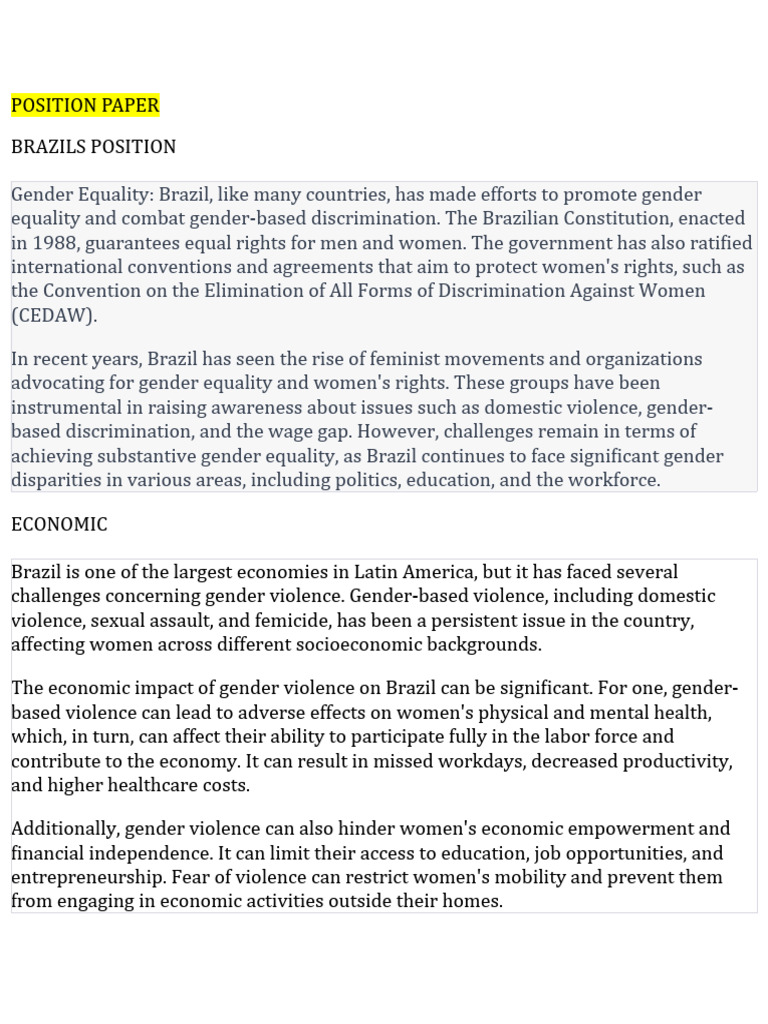 Position Paper For Brazil | PDF | Gender Studies | Gender Equality