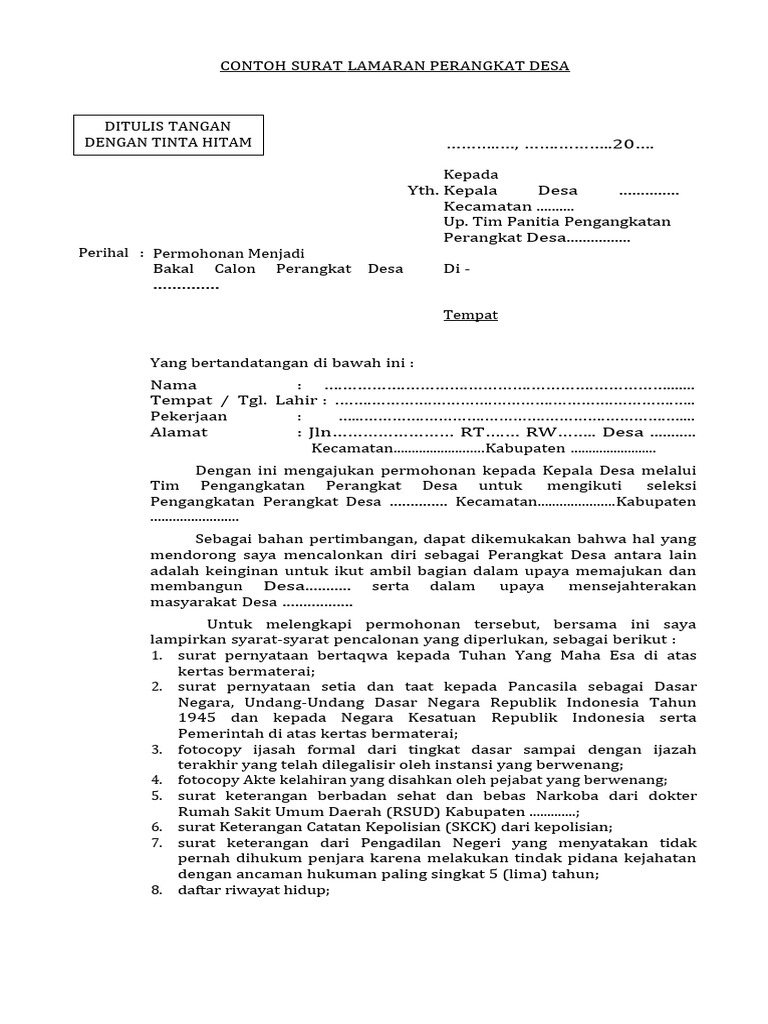 Contoh Surat Lamaran Perangkat Desa | PDF
