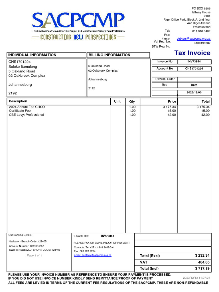 SACPCMP 2024 Annual Fee Invoice | PDF | Invoice | Taxes