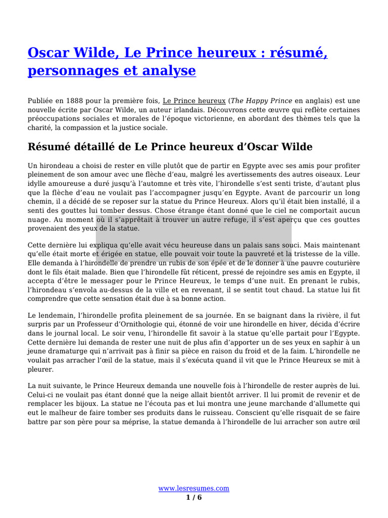 Oscar Wilde Le Prince Heureux Resume Personnages Et Analyse | PDF