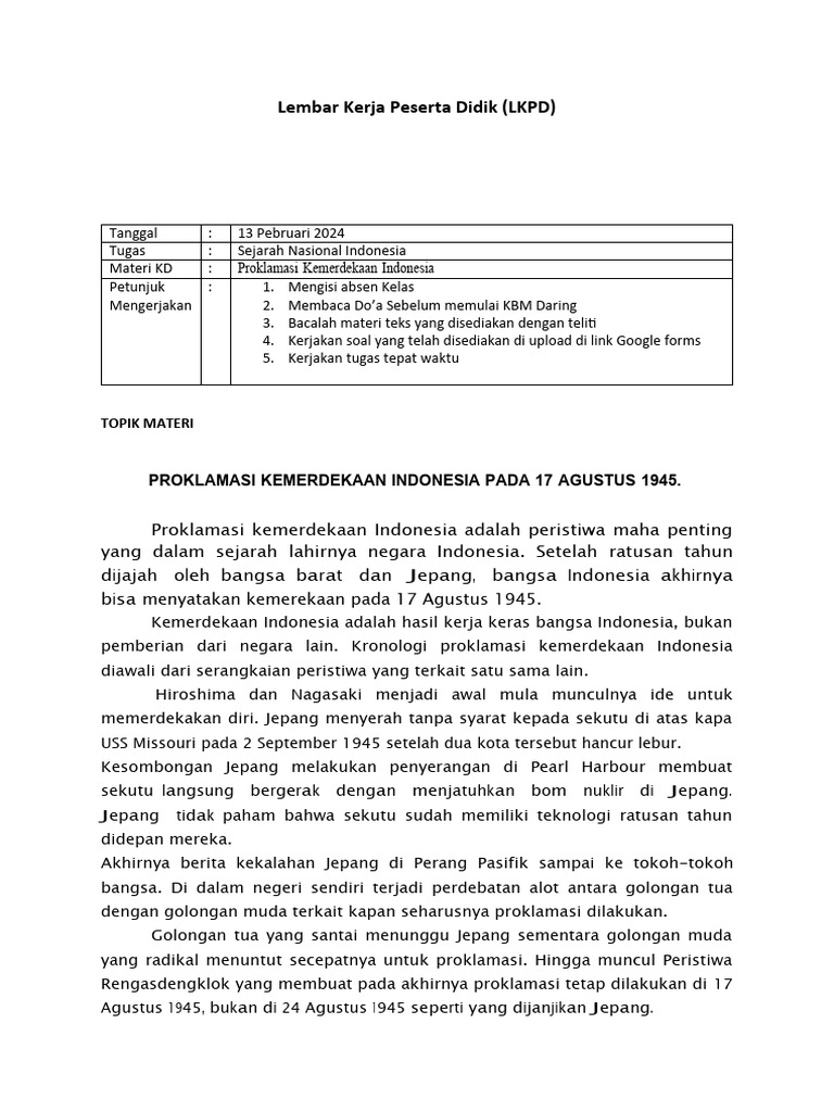 LKPD Sejarah Wajib Kls. XI IPS | PDF