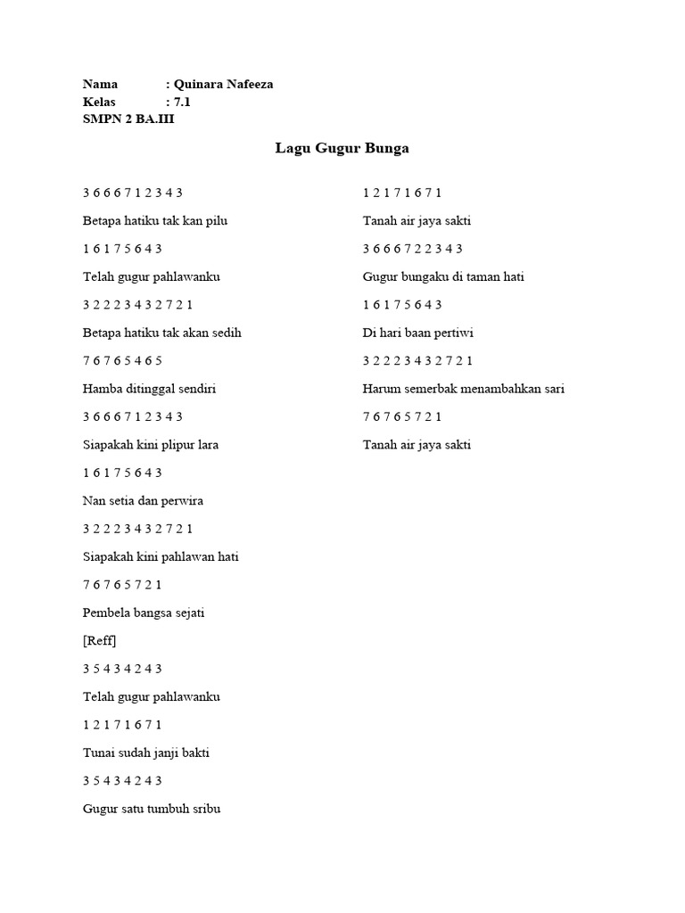 Lirik Lagu Gugur Bunga oleh Quinara | PDF