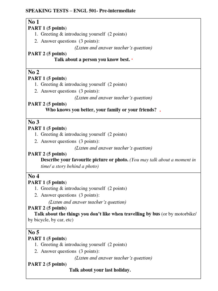 TA1 Đề thi vấn đáp Pre inter U1 U3 Final | PDF | Language Arts & Discipline