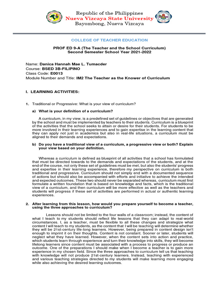 Prof Ed 9-A - Module 2 - Tumacder, DHML | PDF | Curriculum | Learning