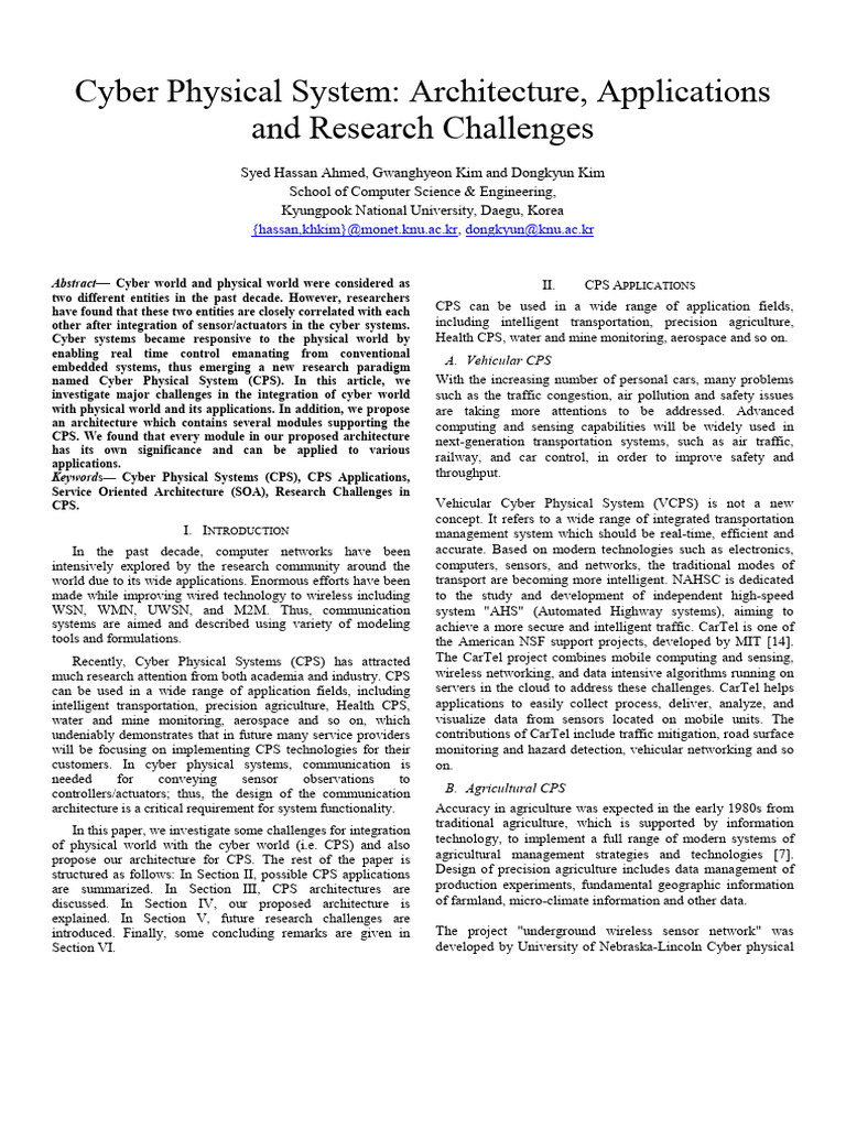 Cyber Physical System Architecture Appli | PDF | Wireless Sensor ...