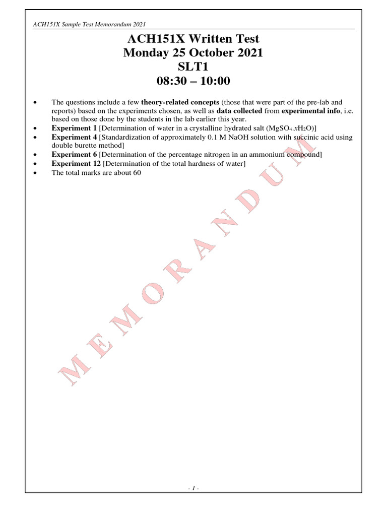 ACH151X Sample Test Memorandum 2021 | PDF