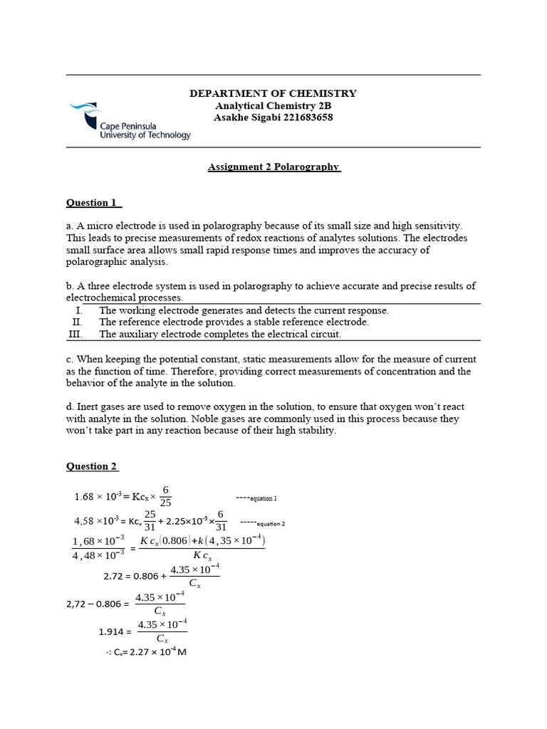 Polarography Assignment Overview | PDF | Electrode | Electrochemistry