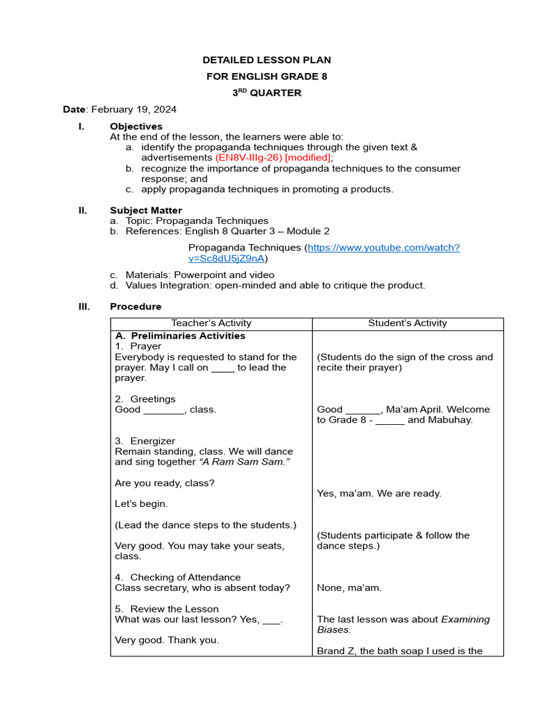 Detailed Lesson Plan For Grade 8 Sample | PDF | Self-Improvement