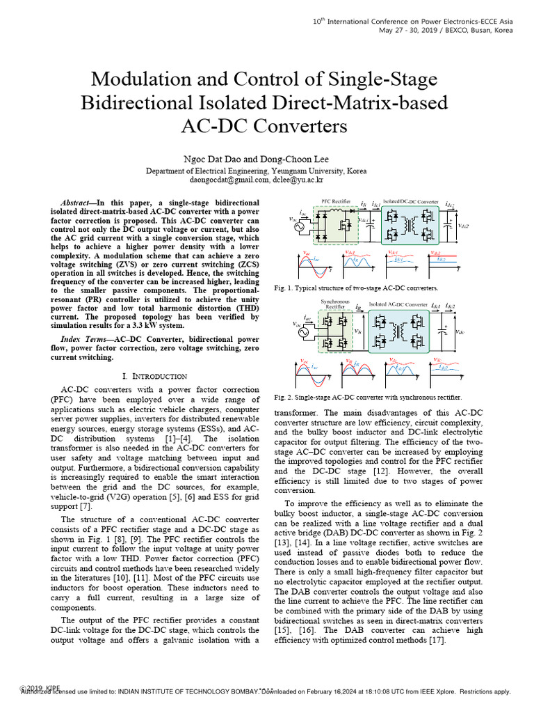 Modulation and Control of Single-Stage Bidirectional Isolated Direct-Matrix-based AC-DC ...