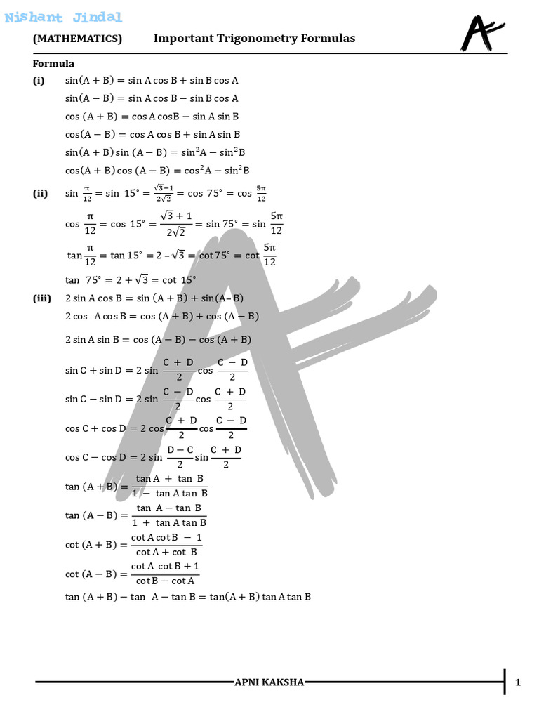 Important Trigonometry Formulas Nj 247 Pdf