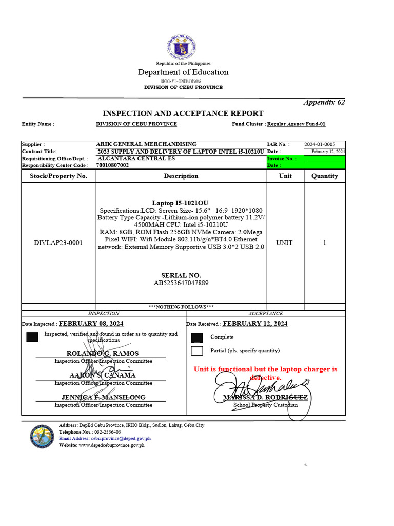 Inspection and Acceptance Report Sample | PDF | Laptop | Personal Computers