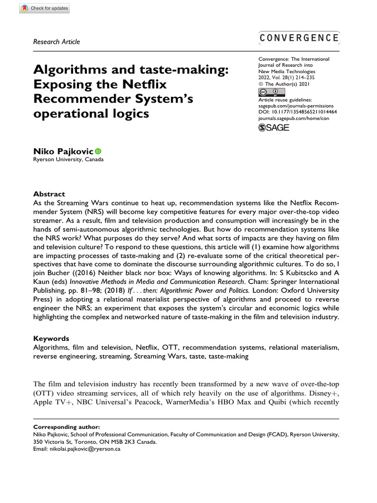Pajkovic 2021 Algorithms and Taste Making Exposing The Netflix Recommender System S Operational ...