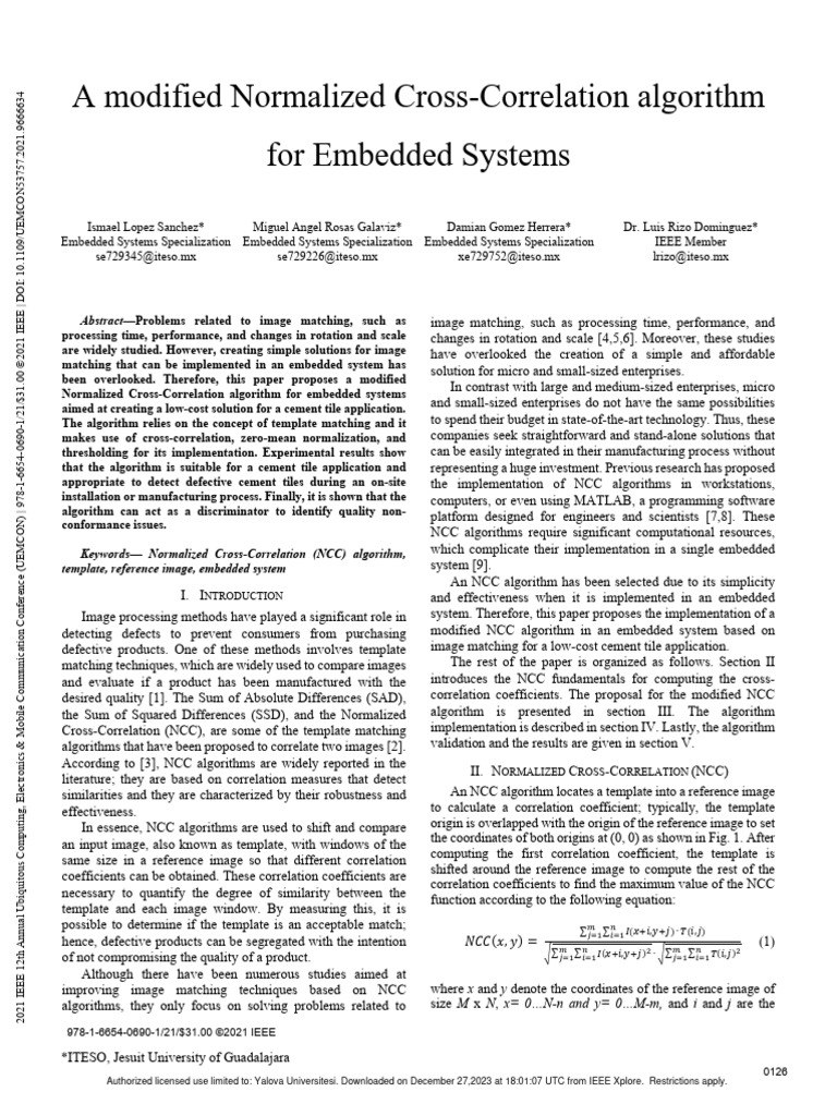 A Modified Normalized Cross-Correlation Algorithm For Embedded Systems | PDF
