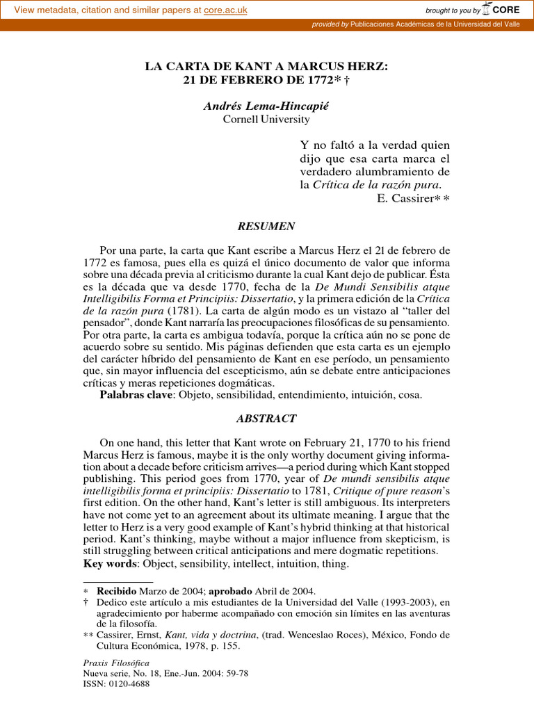 LA CARTA DE KANT A MARCUS HERZ - Andrés Lema-Hincapié | PDF | Immanuel ...