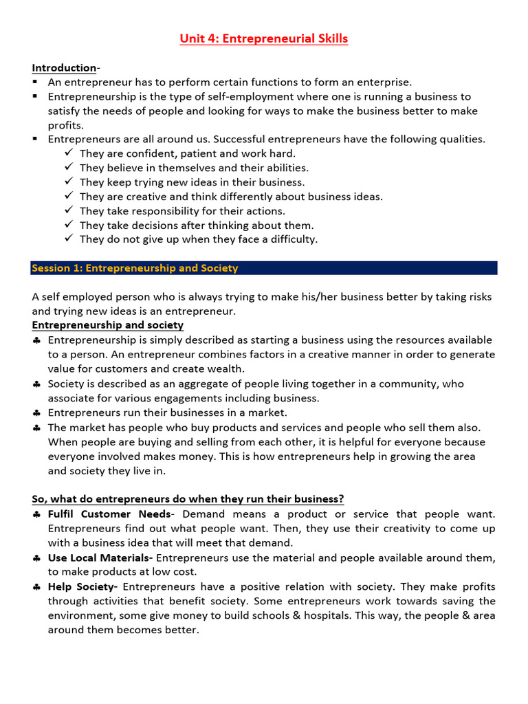Unit 4 - Entrepreneurial Skills | PDF