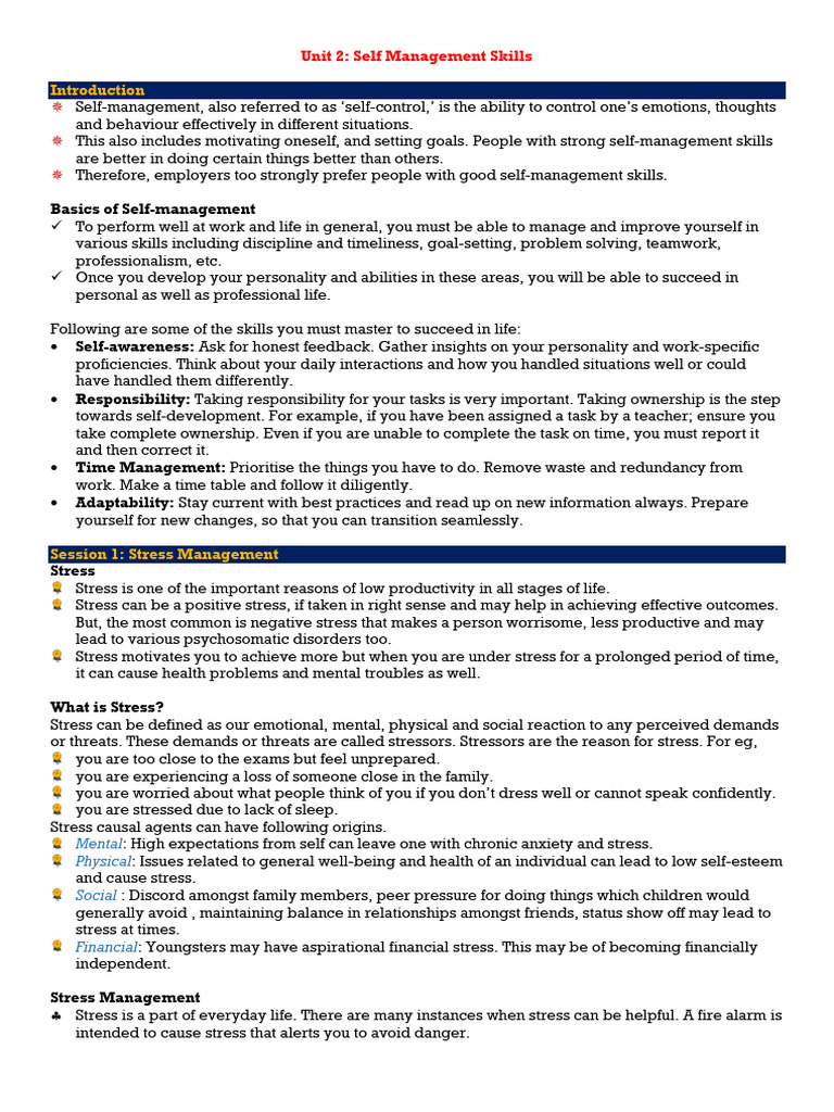 Unit 2 - Self Management Skills | PDF | Stress (Biology) | Goal