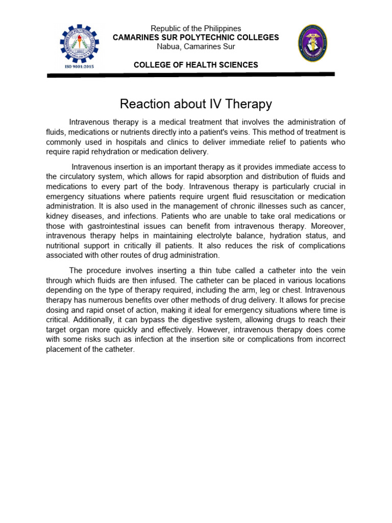 Reaction On Iv Therapy and BCLS | PDF | Intravenous Therapy | Cardiopulmonary Resuscitation