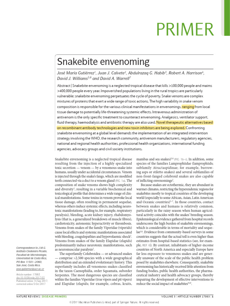 2017 NatureDiseasePrimers Snakebite Envenoming | PDF | Causes Of Death | Medicine