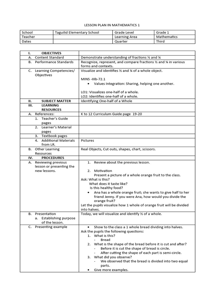 Lesson Plan in Mathematics 1 | PDF