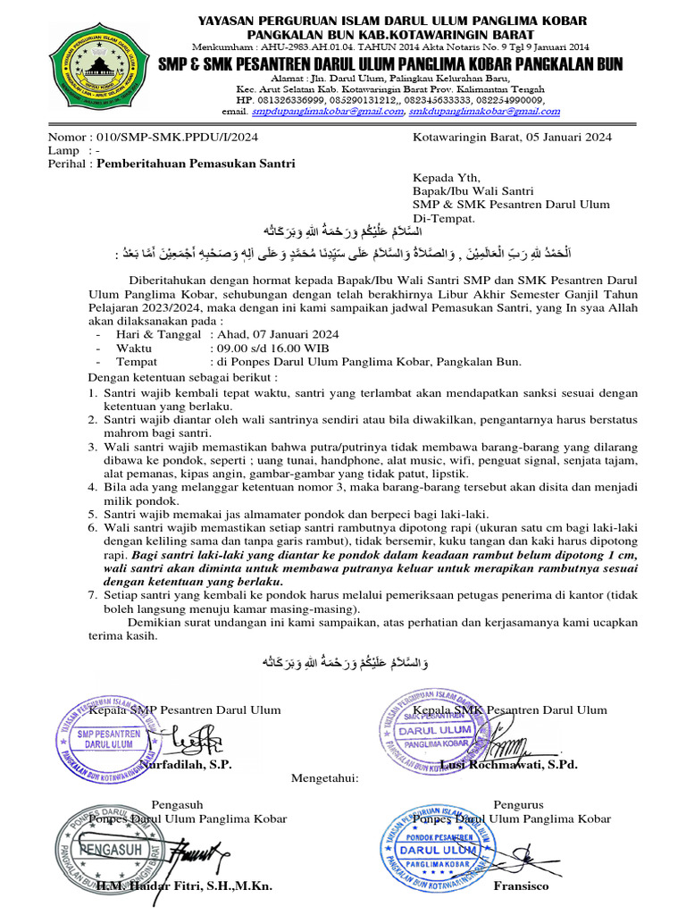 010 - Surat Pemberitahuan Pemasukan Santri Semeste - 240105 - 175644 | PDF