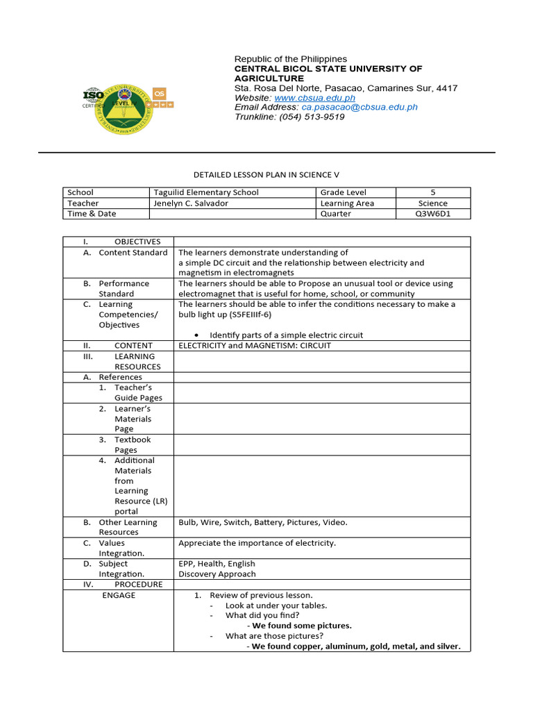 Grade 5 Electricity Lesson Plan | PDF | Electricity | Electric Current