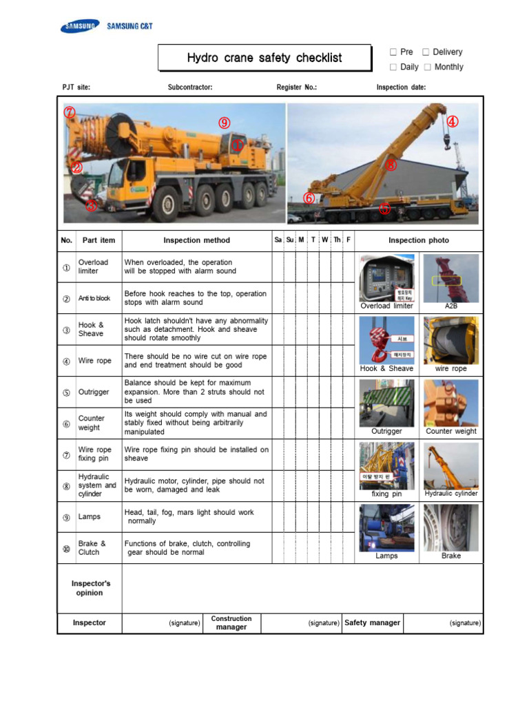 Hydro Crane Safety Inspection Checklist | PDF | Technology & Engineering