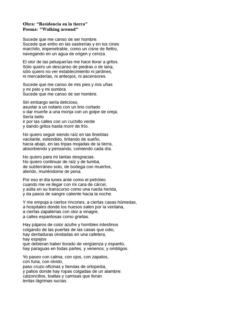 Análisis de Walking Around, Pablo Neruda "Residencia en La Tierra" | PDF