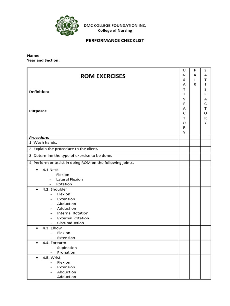 Rom Exercises: Performance Checklist | PDF | Anatomical Terms Of Motion ...