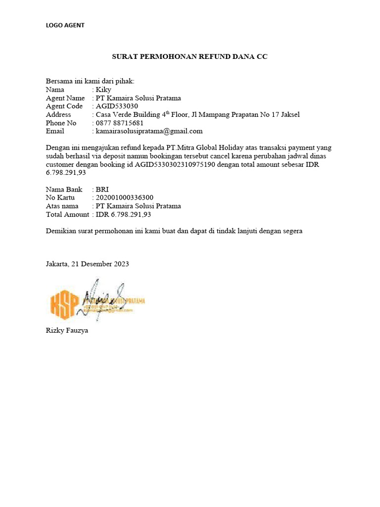 Surat Permohonan Refund Dana AGID533030 | PDF | Pengelolaan Keuangan & Uang