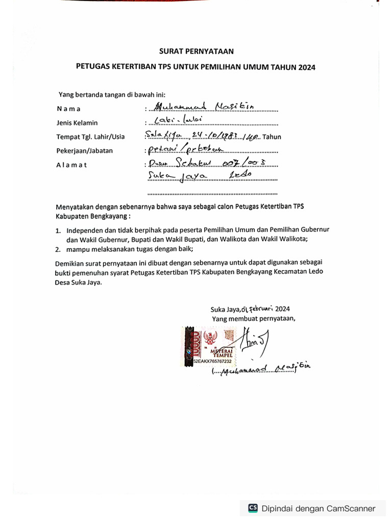 Pernyataan PAM TPS Desa Suka Jaya. New | PDF