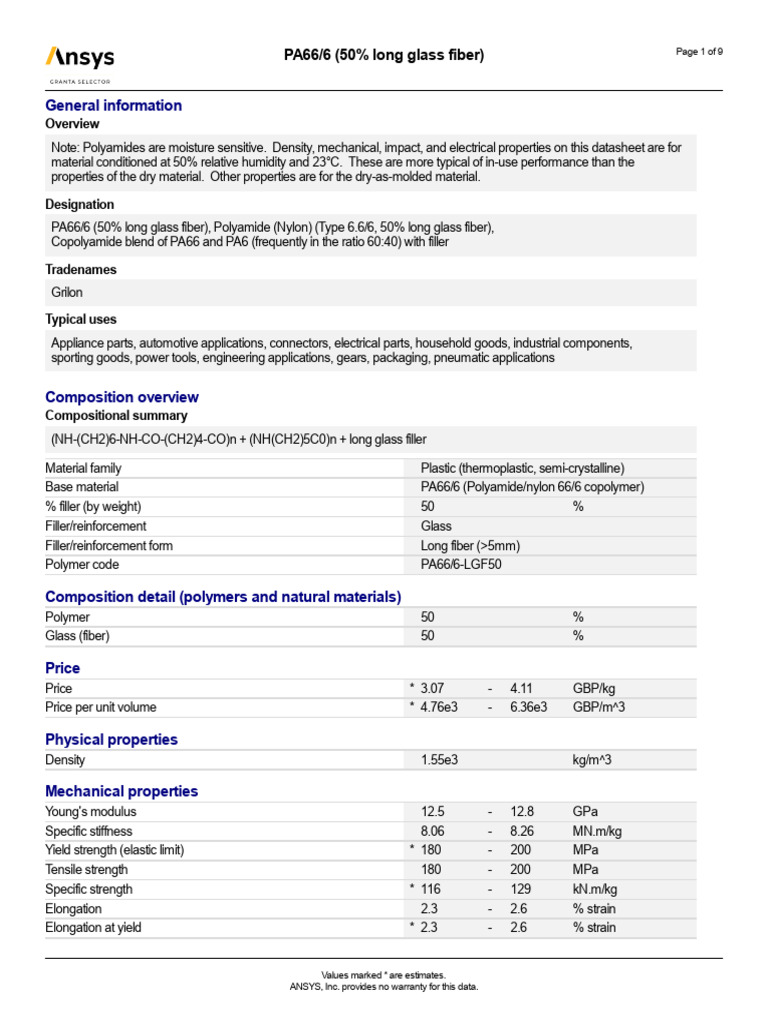 General Information: PA66/6 (50% Long Glass Fiber) | PDF | Strength Of Materials | Young's Modulus
