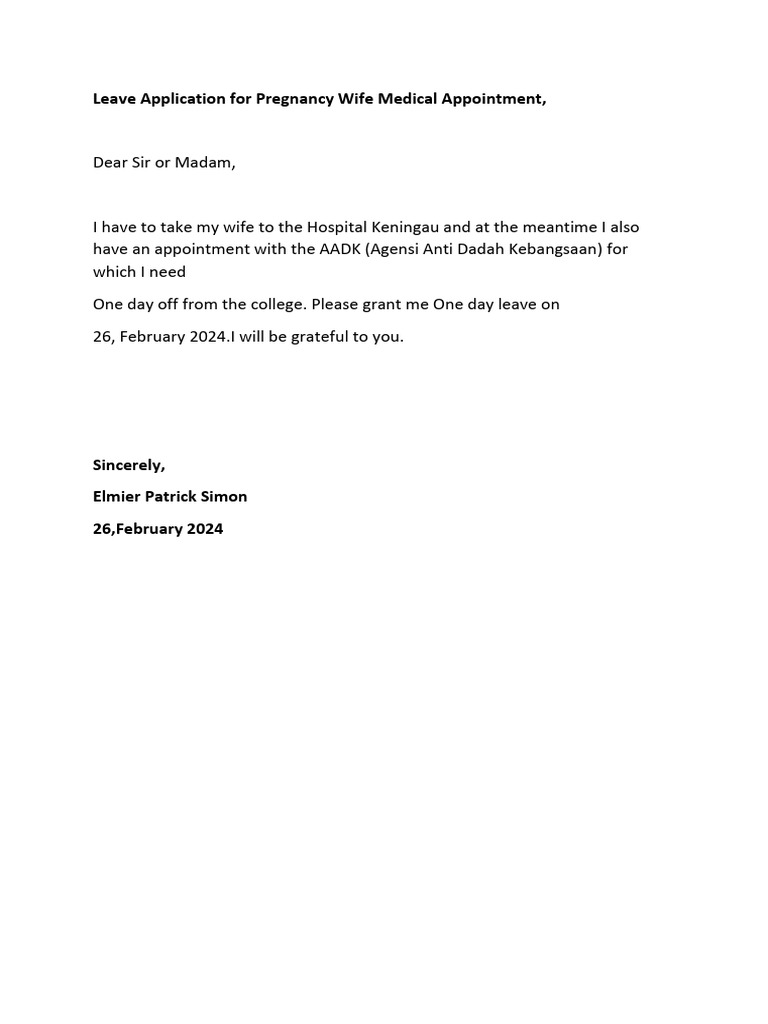 Leave Application For Pregnancy Wife Medical Appointment | PDF | Self ...