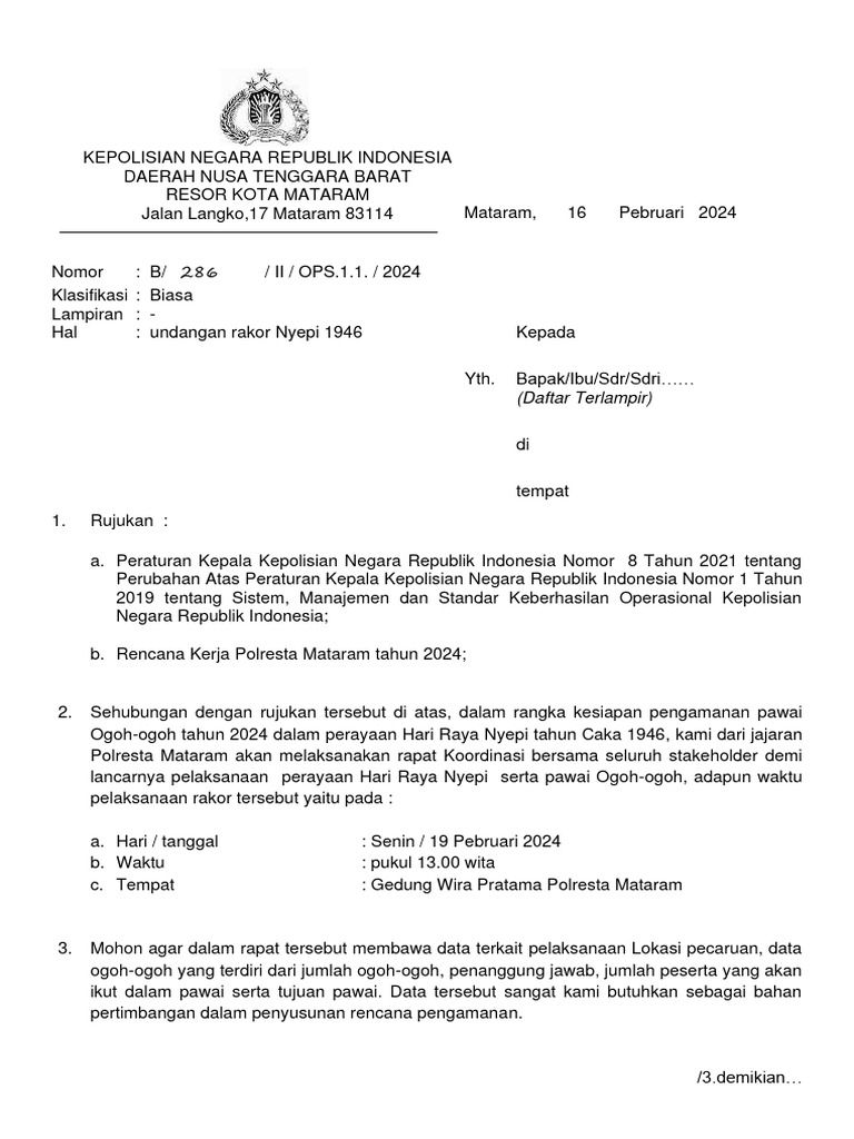 Surat Undangan Rakor Nyepi 2024 | PDF