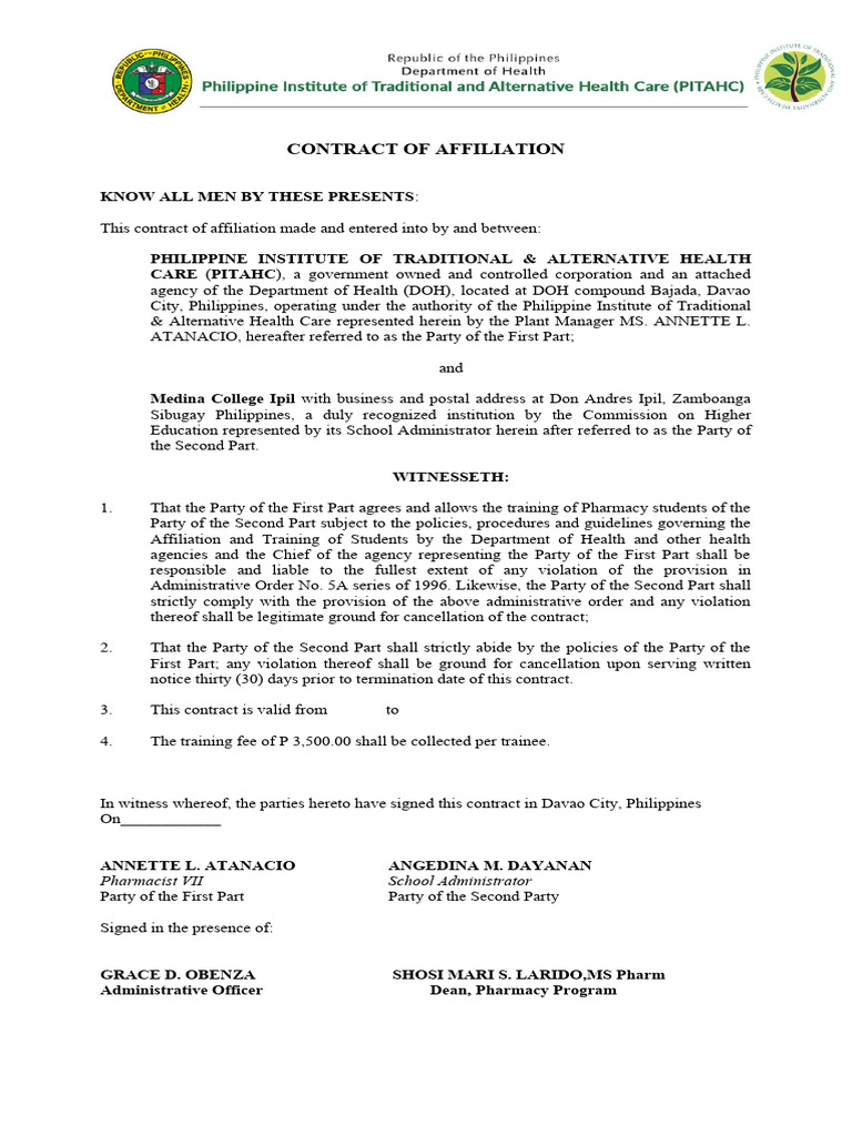 Pitahc - Contract of Affiliation Medina - Edited | Download Free PDF ...