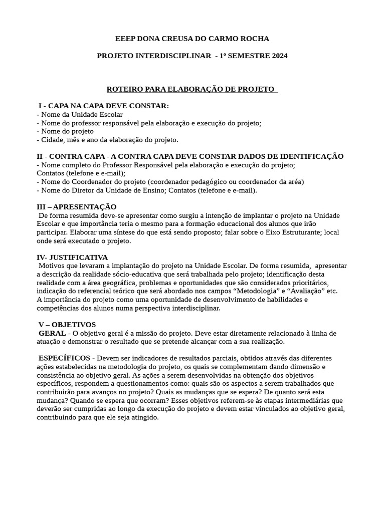 Projeto Interdisciplinar - Modelo (Sugestão) | PDF | Interdisciplinaridade