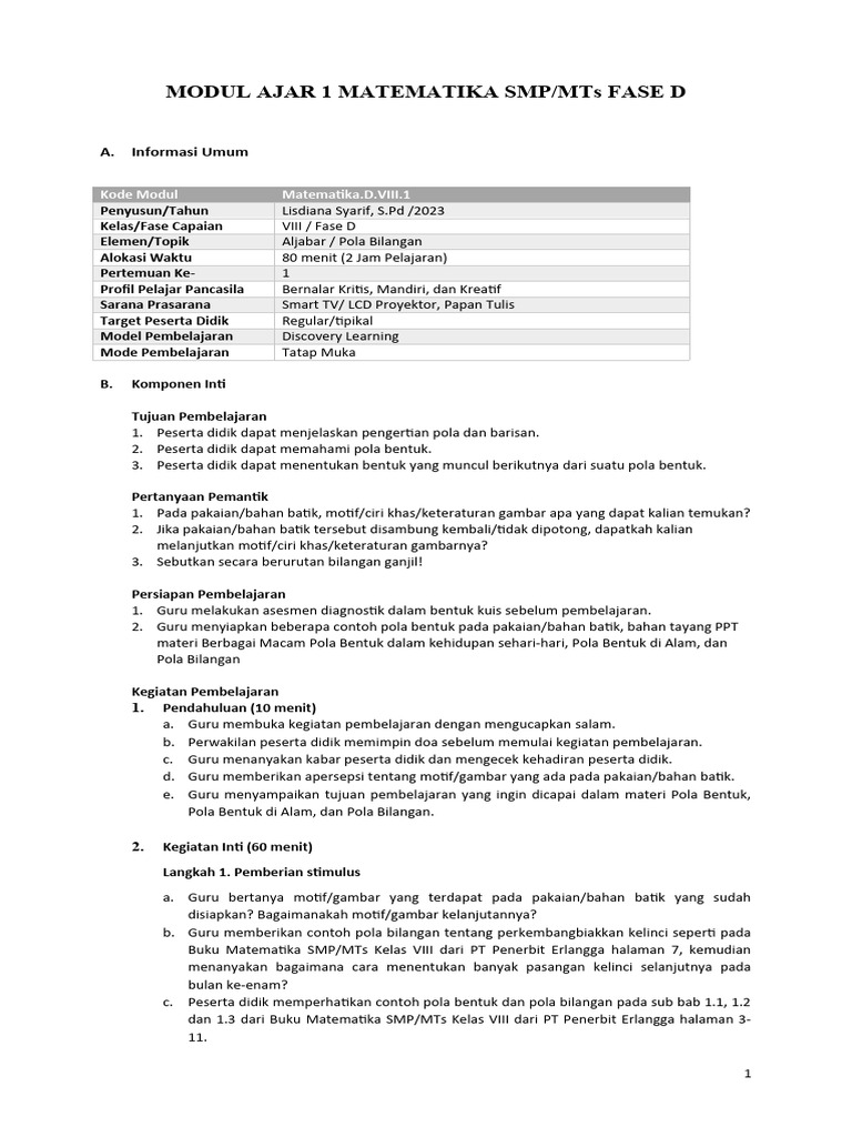 Modul Ajar Pola Bilangan | PDF