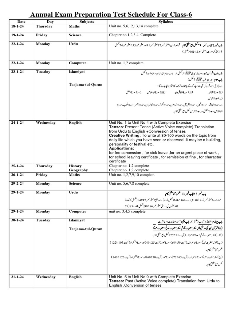 Annual Scheule Test For Six | PDF
